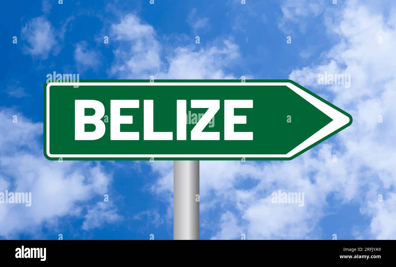 Belize road sign on cloudy sky background Stock Photo - Alamy