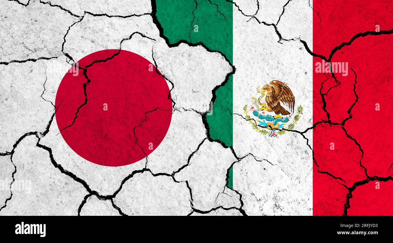 Flags of Japan and Mexico on cracked surface - politics, relationship ...