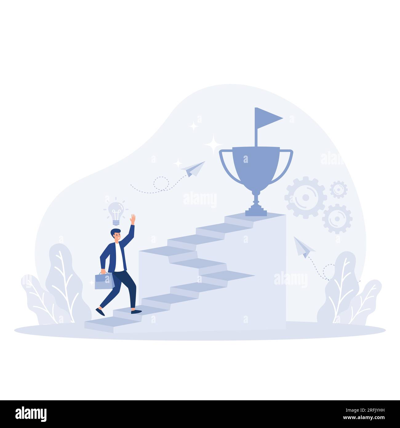 Businessman holding trophy cup standing on the stair. success, flat ...