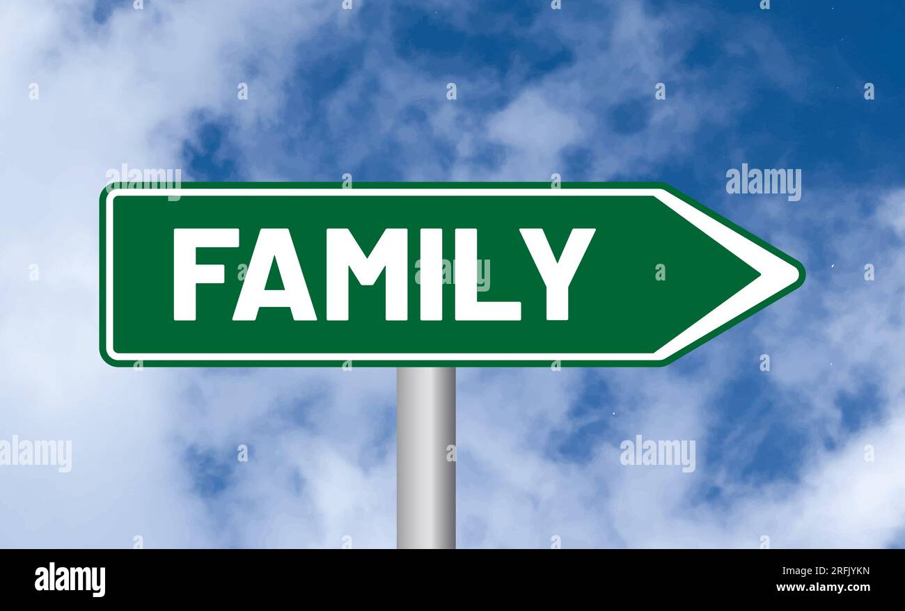 Family road sign on cloudy sky background Stock Photo - Alamy