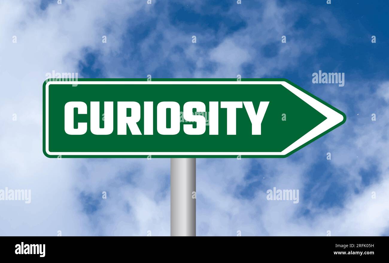 Curiosity road sign on cloudy sky background Stock Photo - Alamy