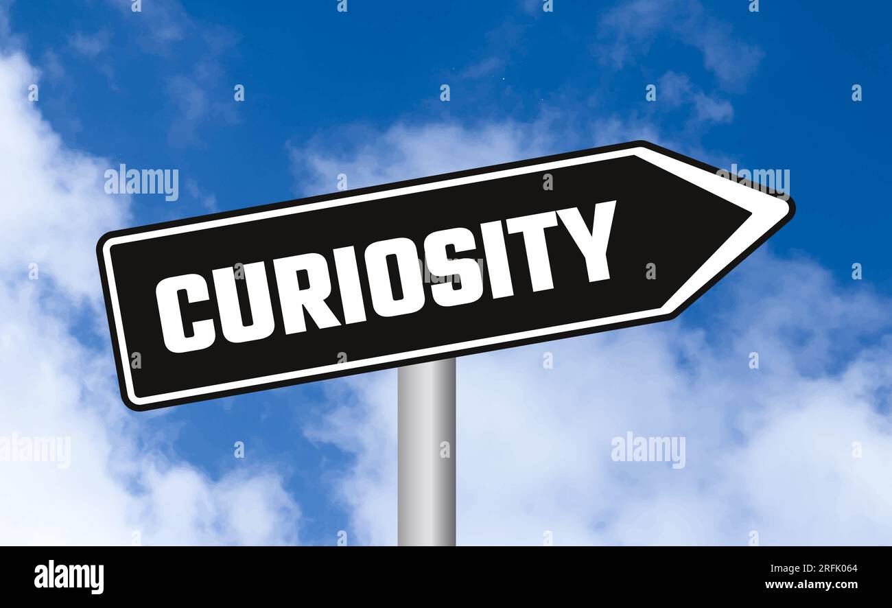 Curiosity road sign on cloudy sky background Stock Photo - Alamy