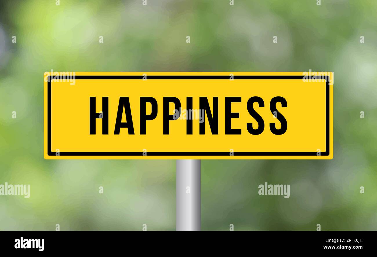 Happiness road sign on blur background Stock Photo - Alamy