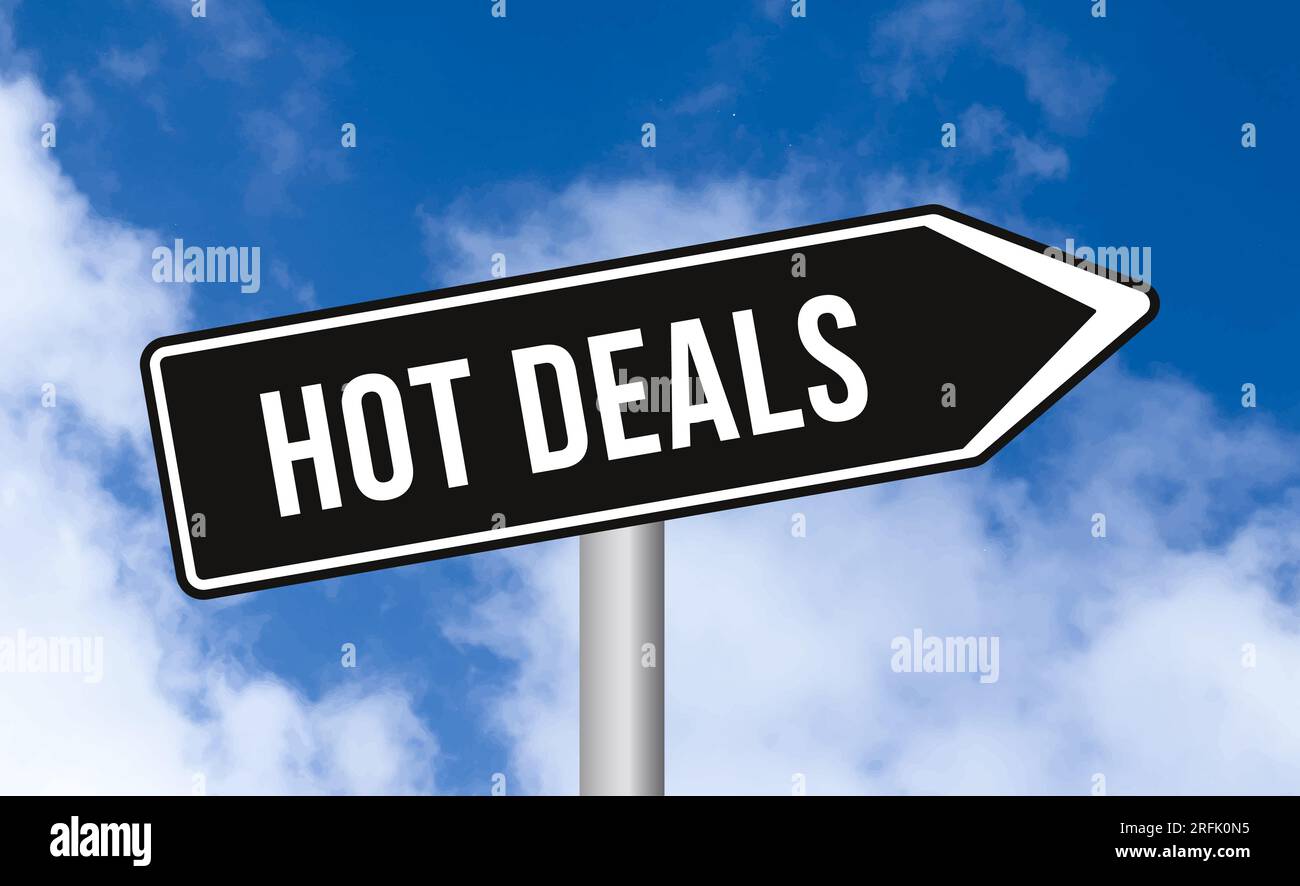 Hot deals road sign on cloudy sky background Stock Photo - Alamy