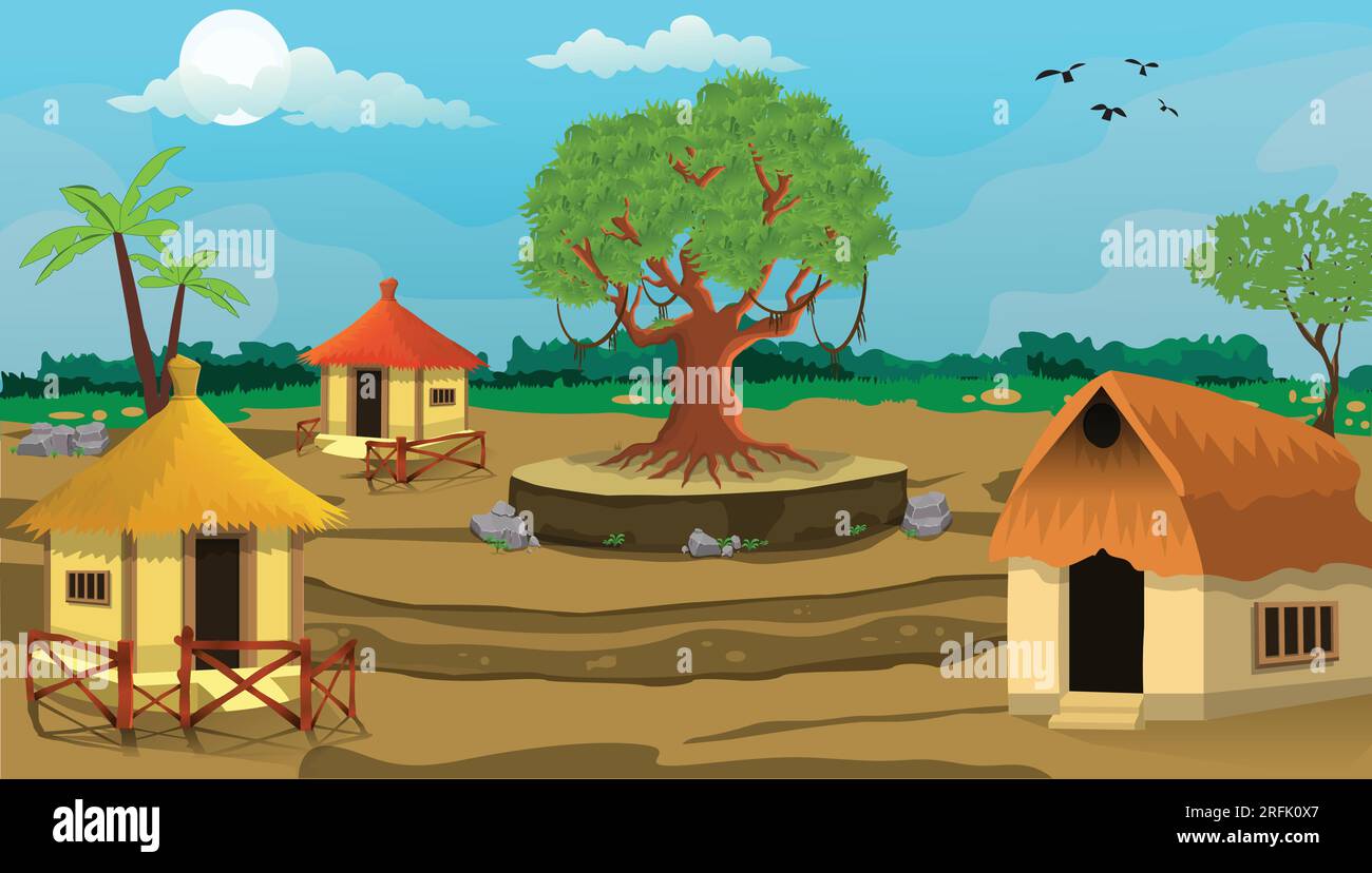 Lovely nature landscape village illustration, with stylish flat design ...