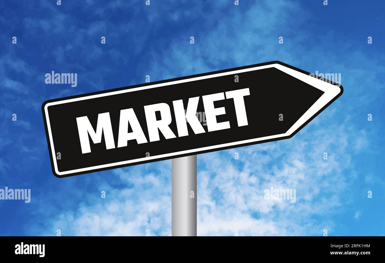 Market road sign on blue sky background Stock Photo - Alamy