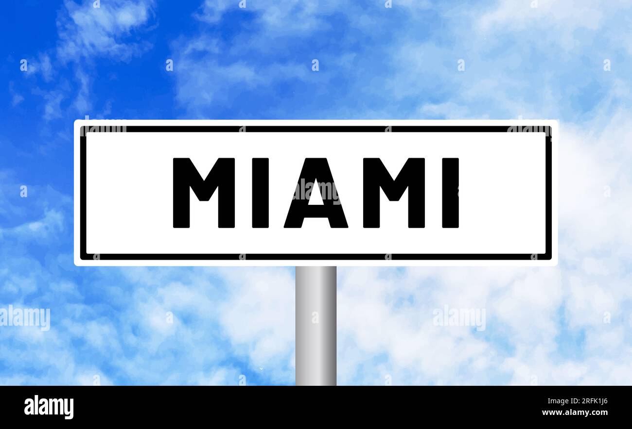 Miami road sign on cloudy sky background Stock Photo - Alamy