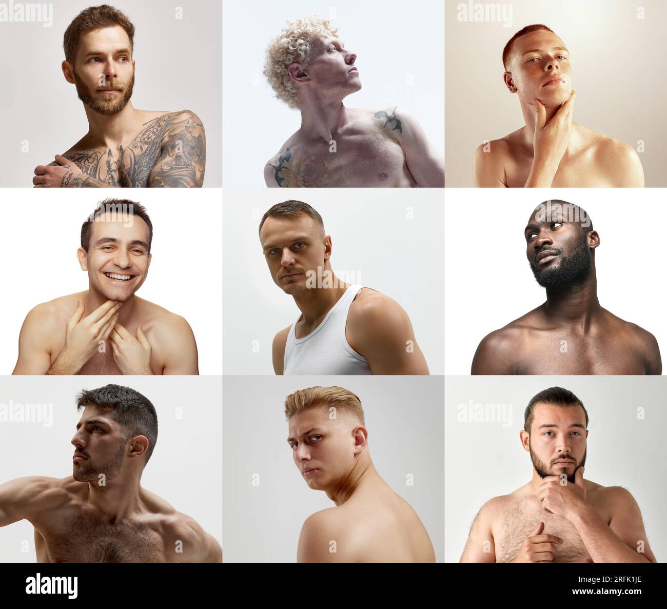 Collage made of portraits. Young handsome multietnic men with spotless ...