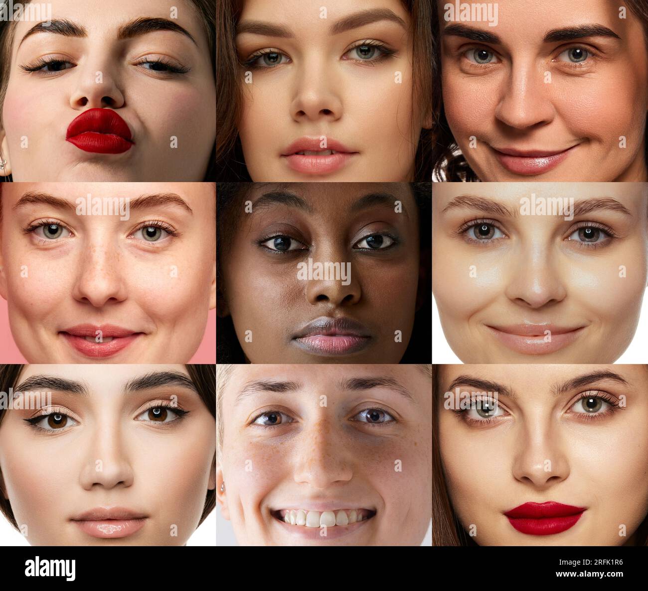 Set of cropped images of multi ethnic girls with well-kept young skin ...