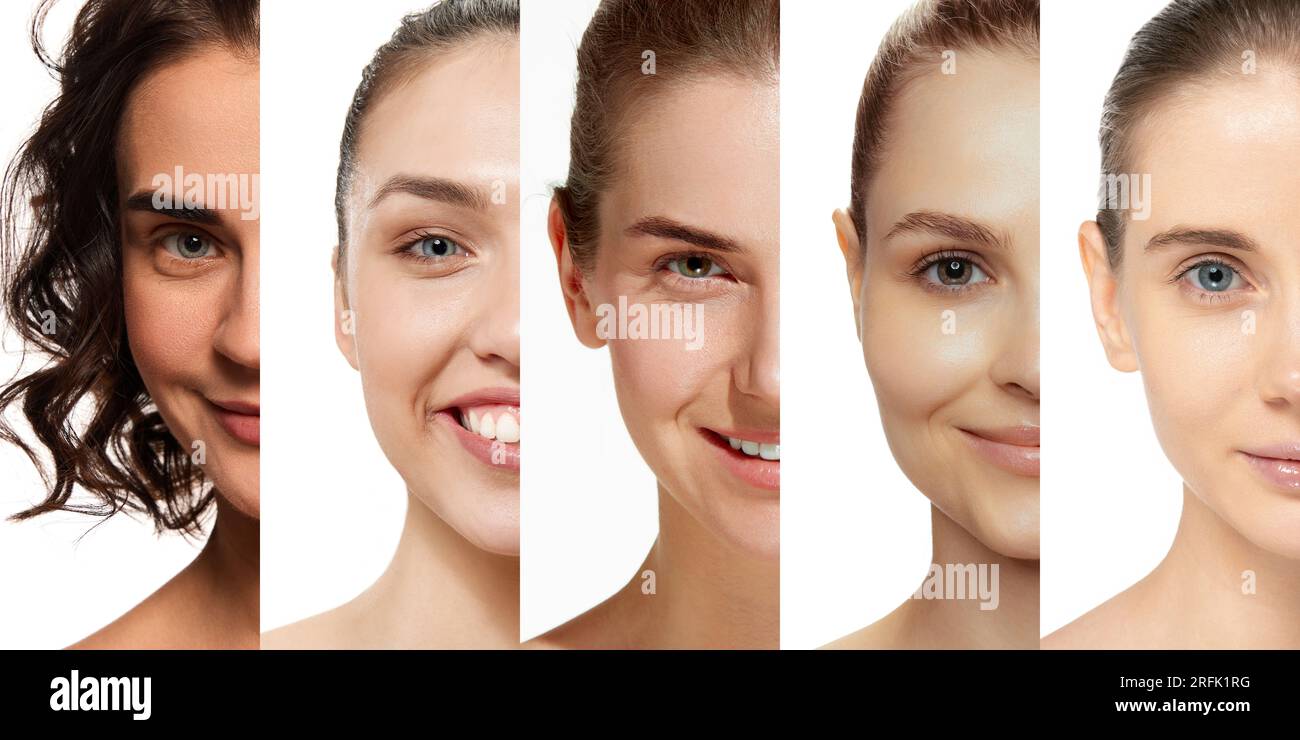 Cropped female halves of faces, placed on narrow vertical white stripe ...