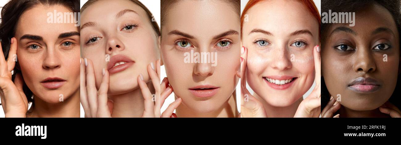 Banner. Composite image of beautiful young women faces expressing ...