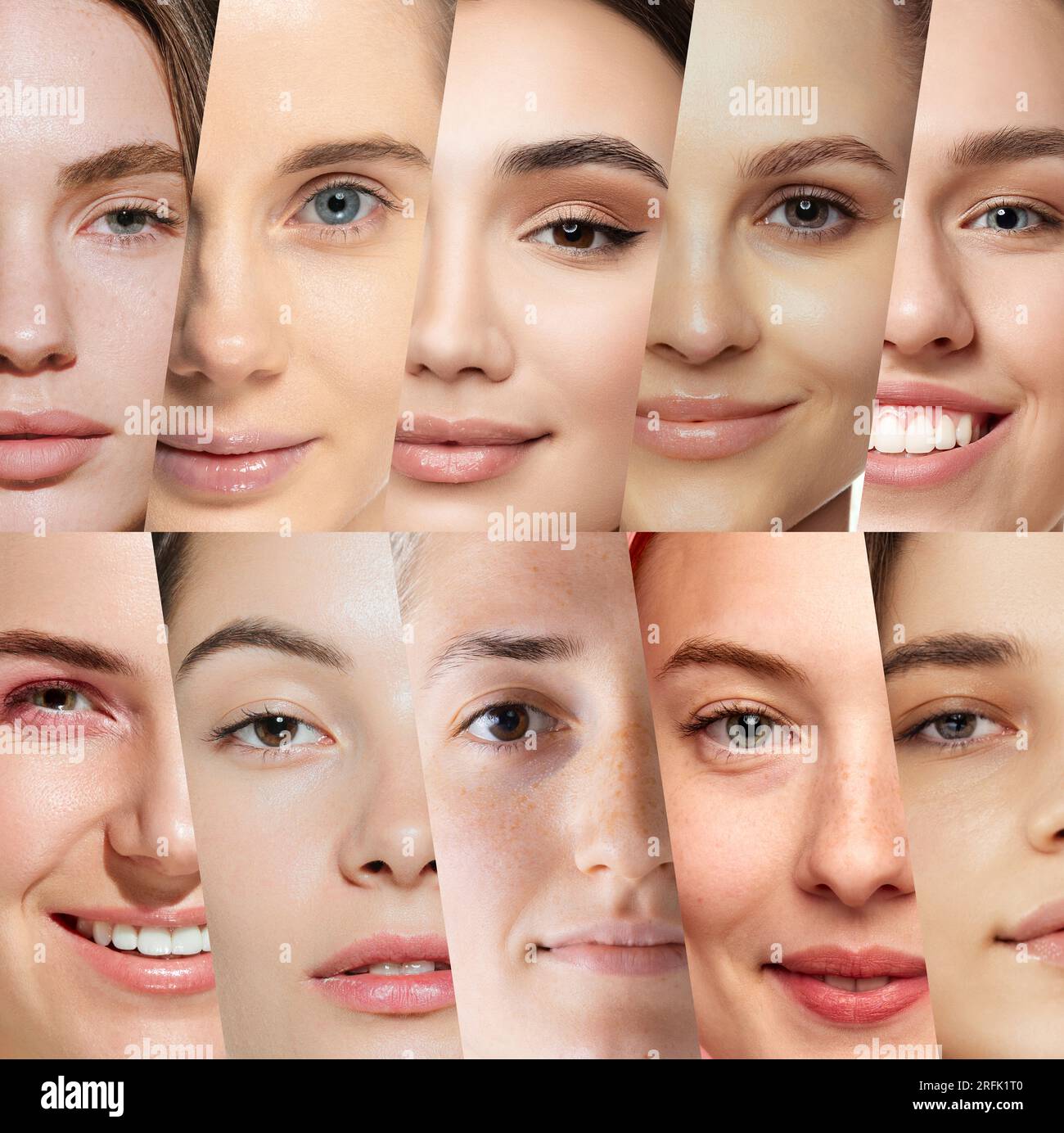 Composite image with vertical and cropped stripe portraits of beautiful ...
