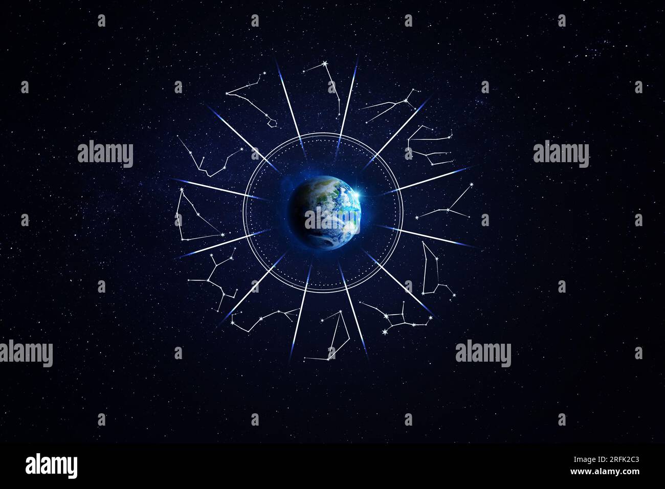 Zodiac wheel with astrological constellations around Earth in open ...