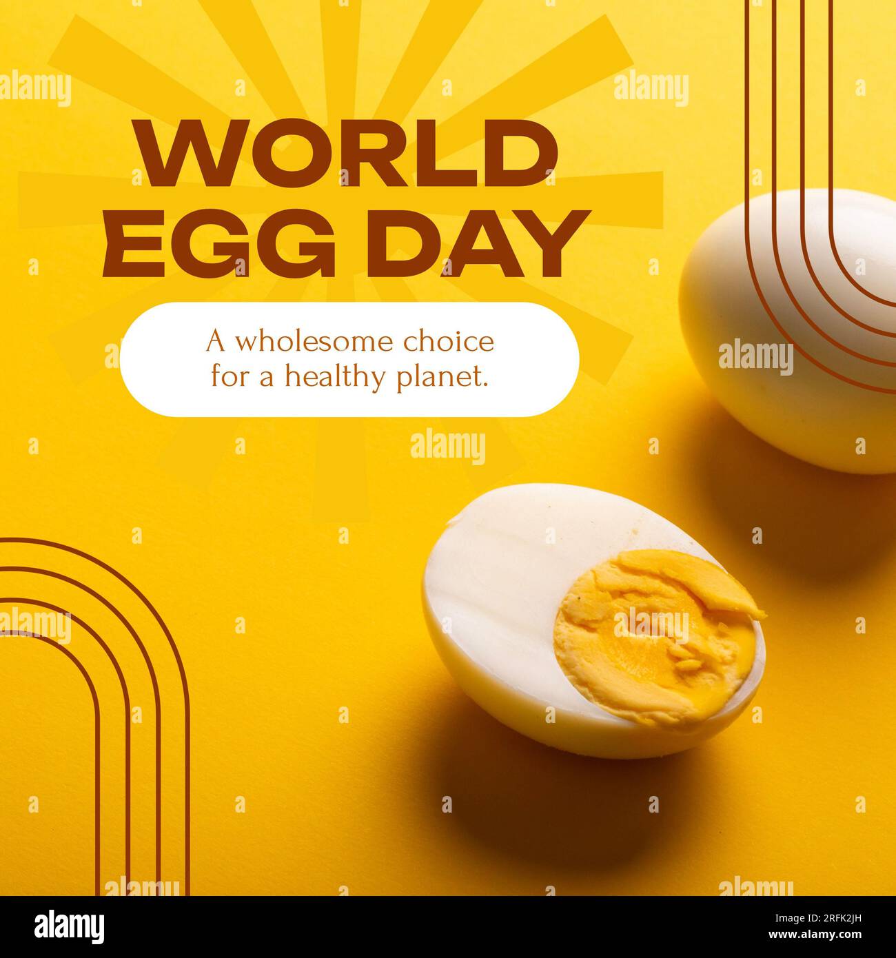 Composite of boiled eggs and world egg day text with lines on yellow ...