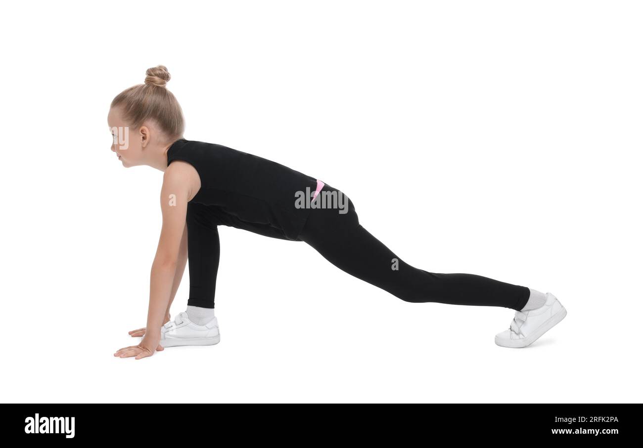 Little girl doing morning exercise on white background Stock Photo - Alamy