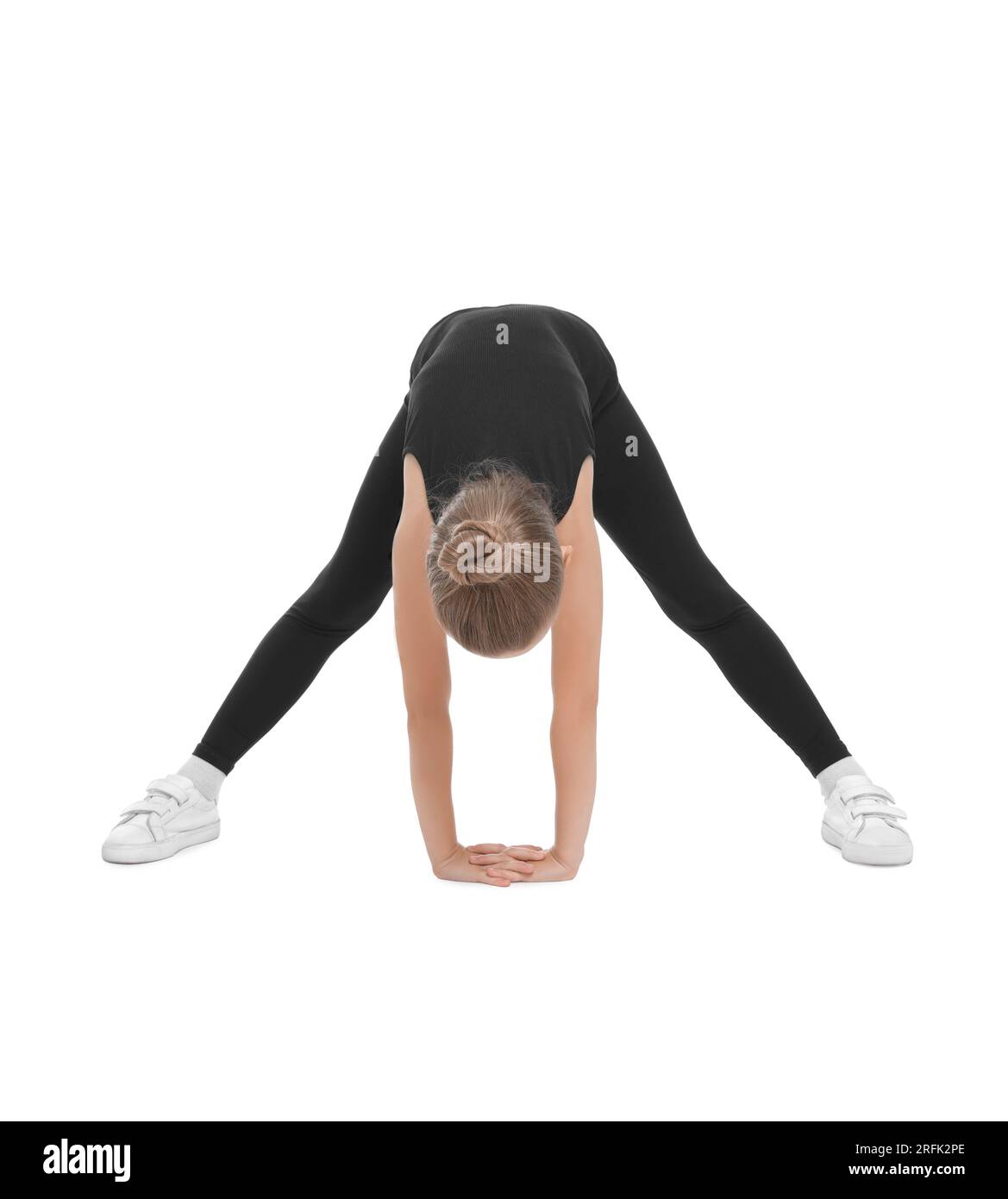 Little girl doing morning exercise on white background Stock Photo - Alamy