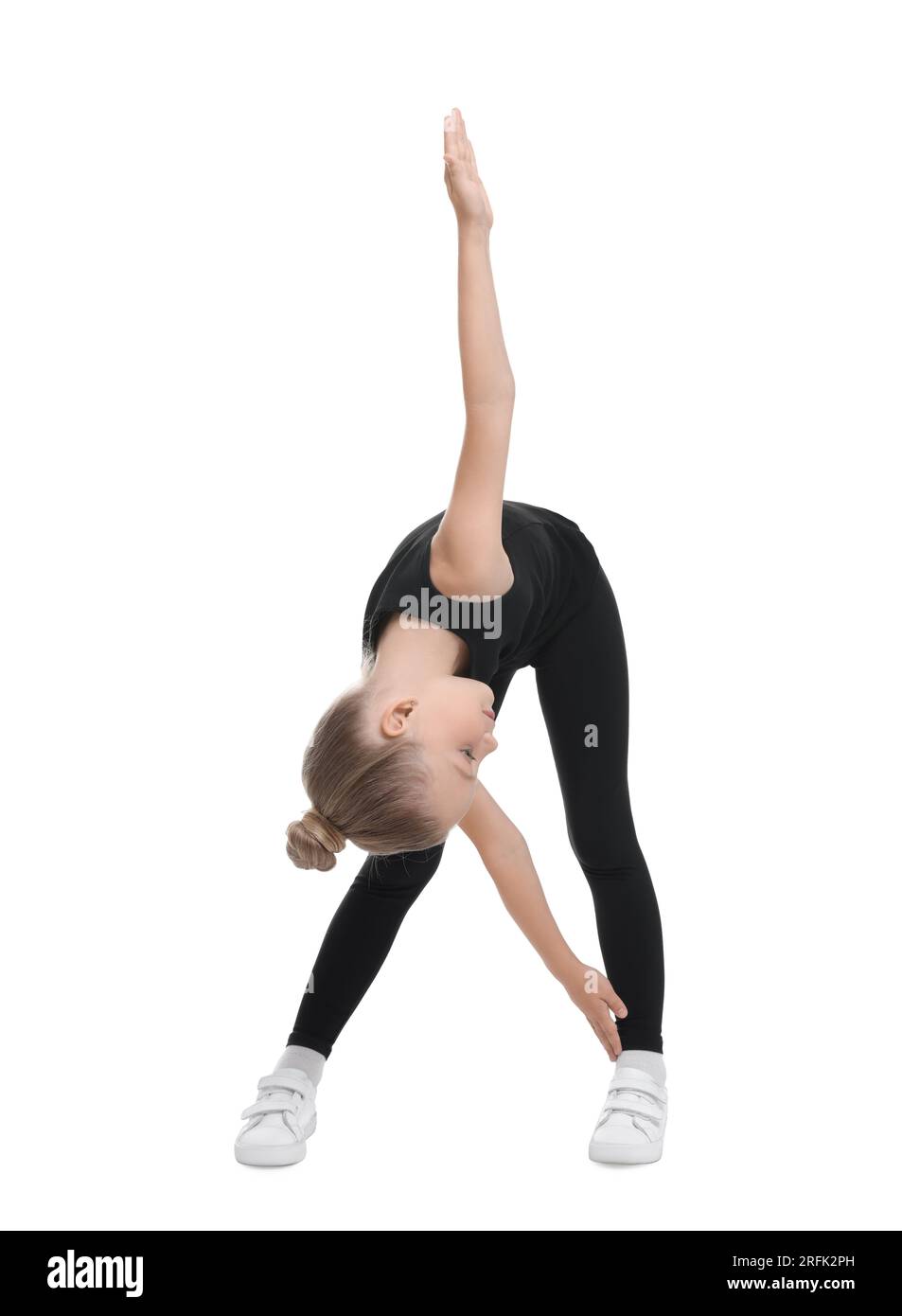 Little girl doing morning exercise on white background Stock Photo - Alamy
