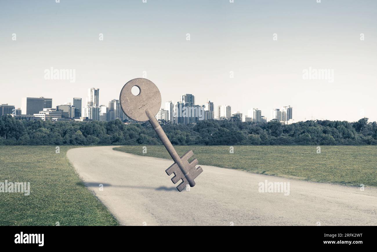 Conceptual background image of concrete key sign on asphalt road Stock ...