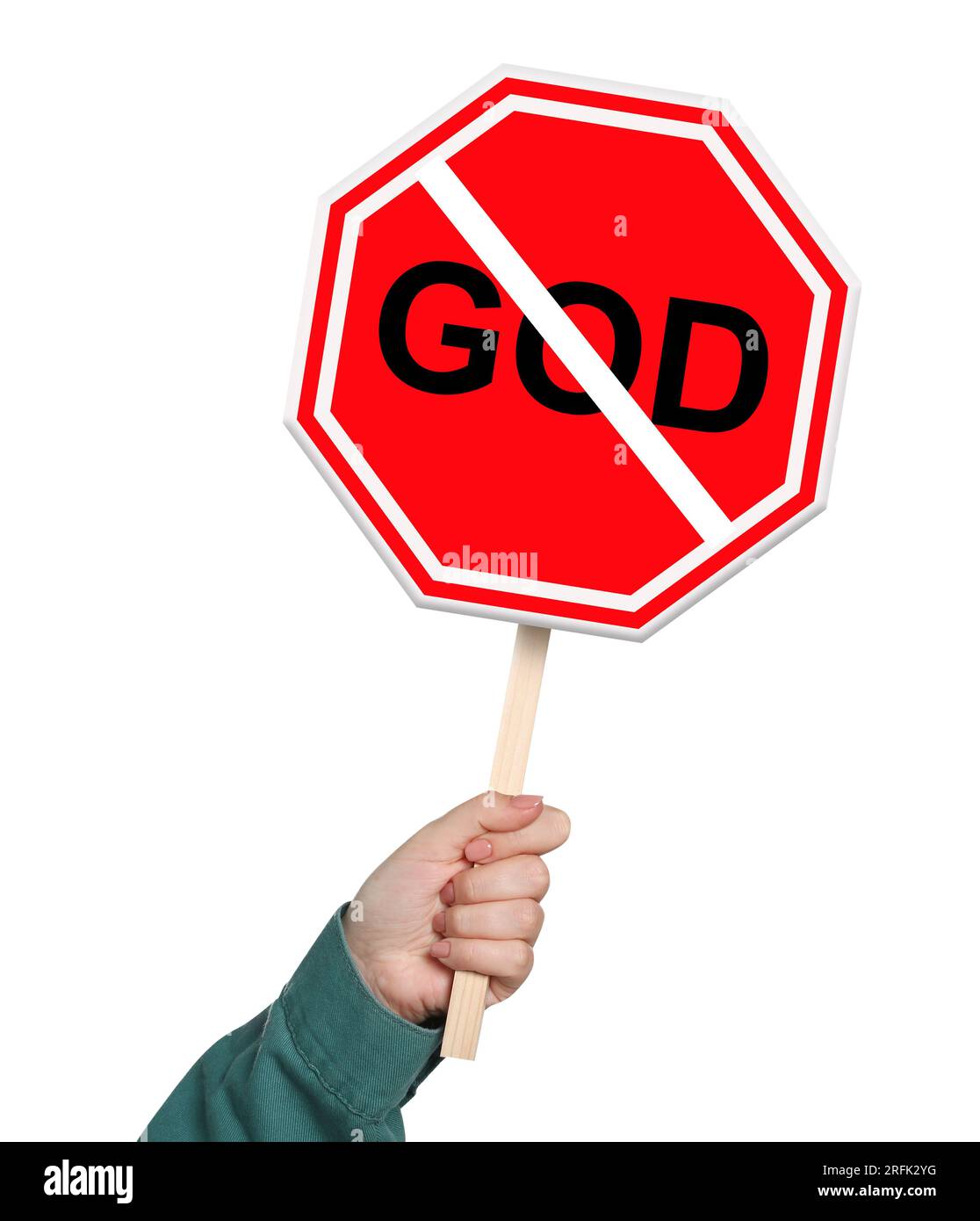 Atheism concept. Woman holding prohibition sign with crossed out word ...