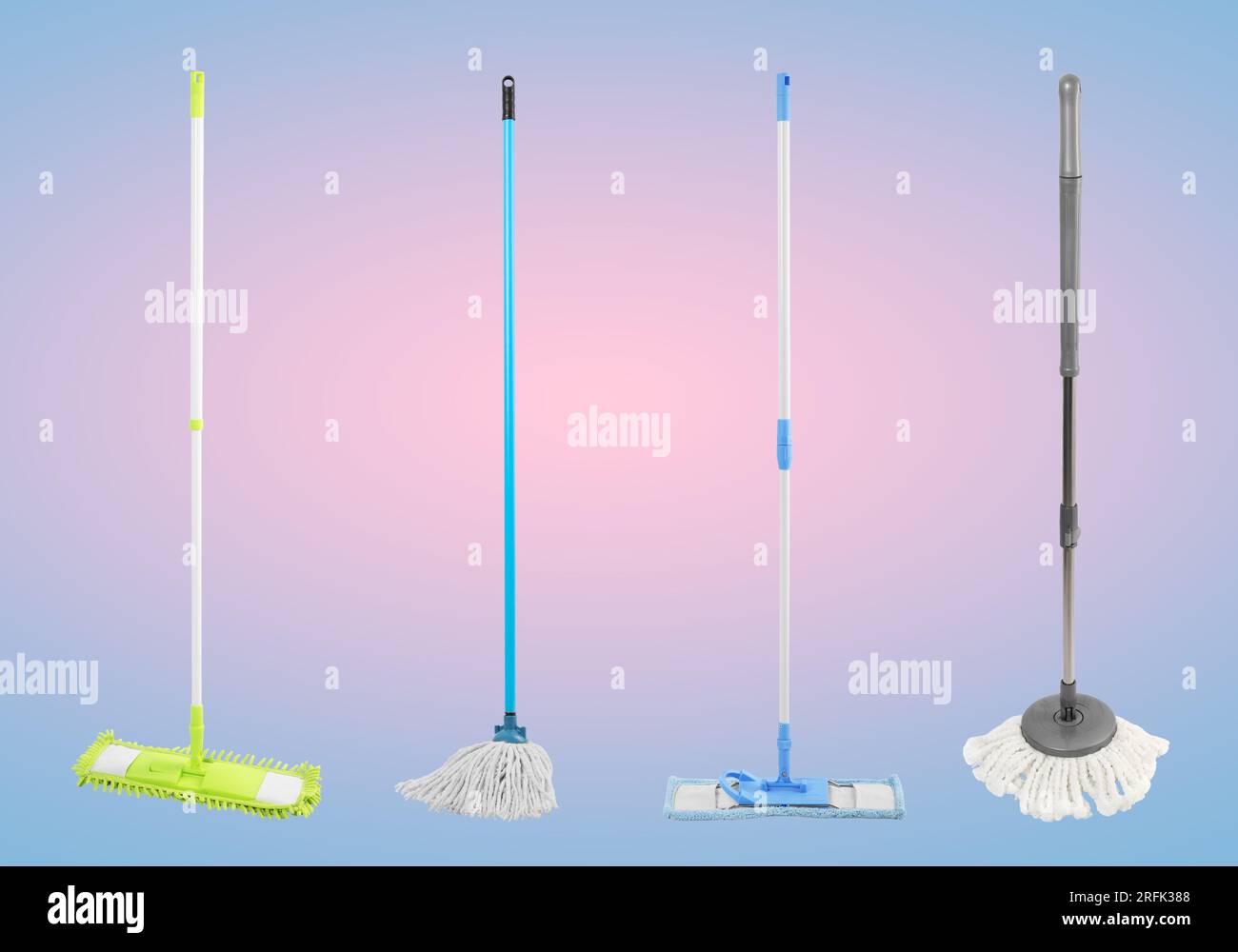 Set of different mops on color background Stock Photo - Alamy
