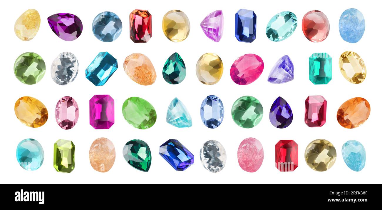 Set of different shiny gemstones for jeweler isolated on white Stock ...