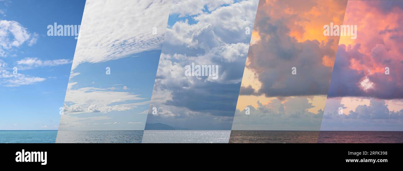 Photos of sky over sea during different weather, collage. Banner design ...