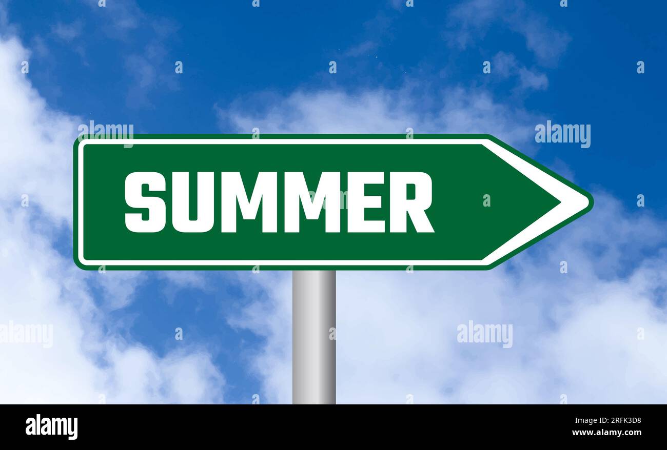 Summer road sign on cloudy sky background Stock Photo - Alamy