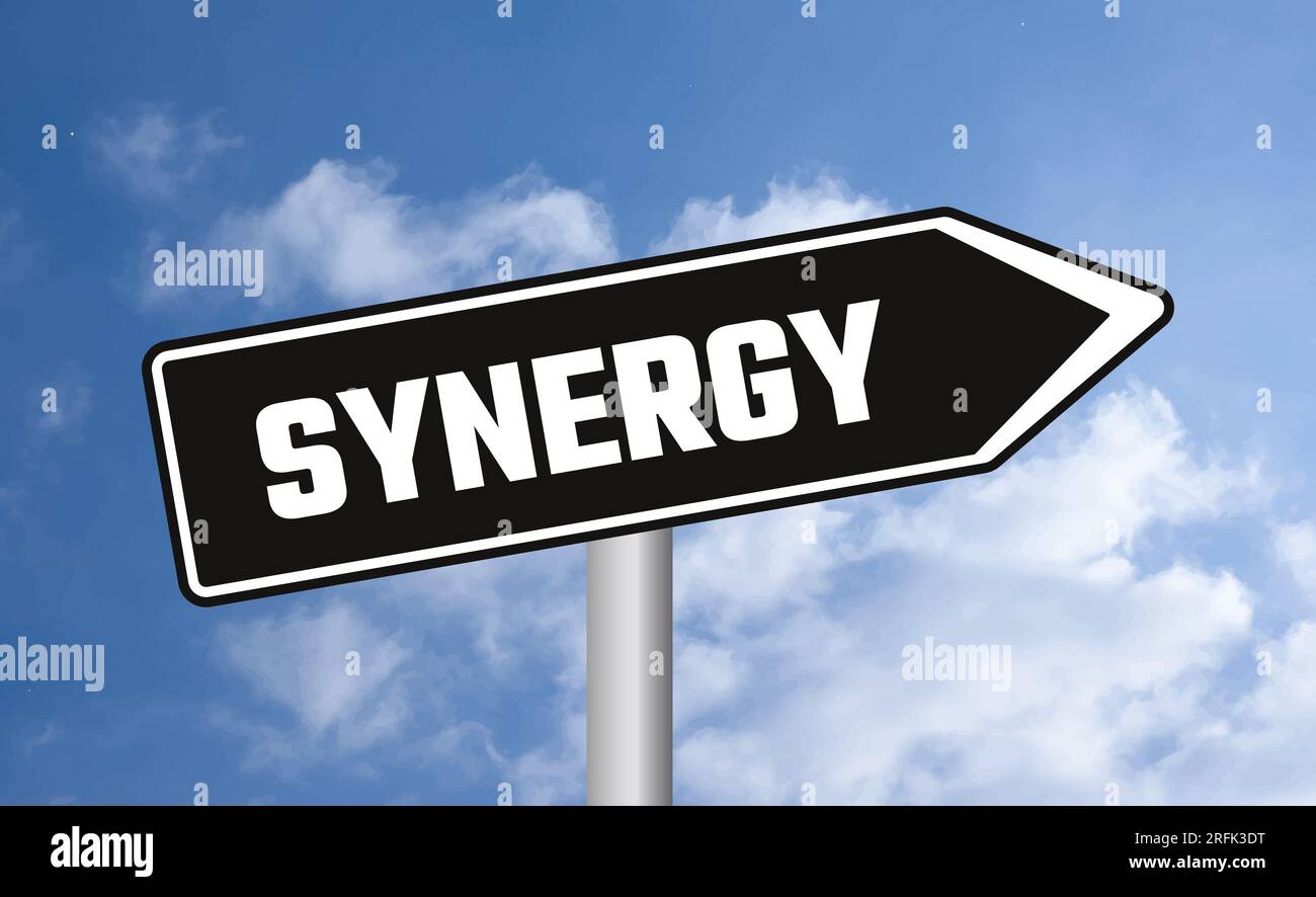 Synergy road sign on blue sky background Stock Photo - Alamy