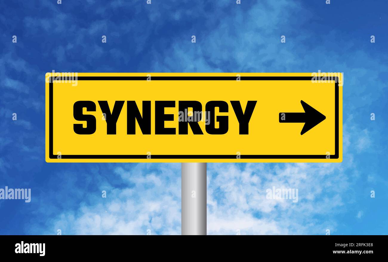 Synergy road sign on blue sky background Stock Photo - Alamy