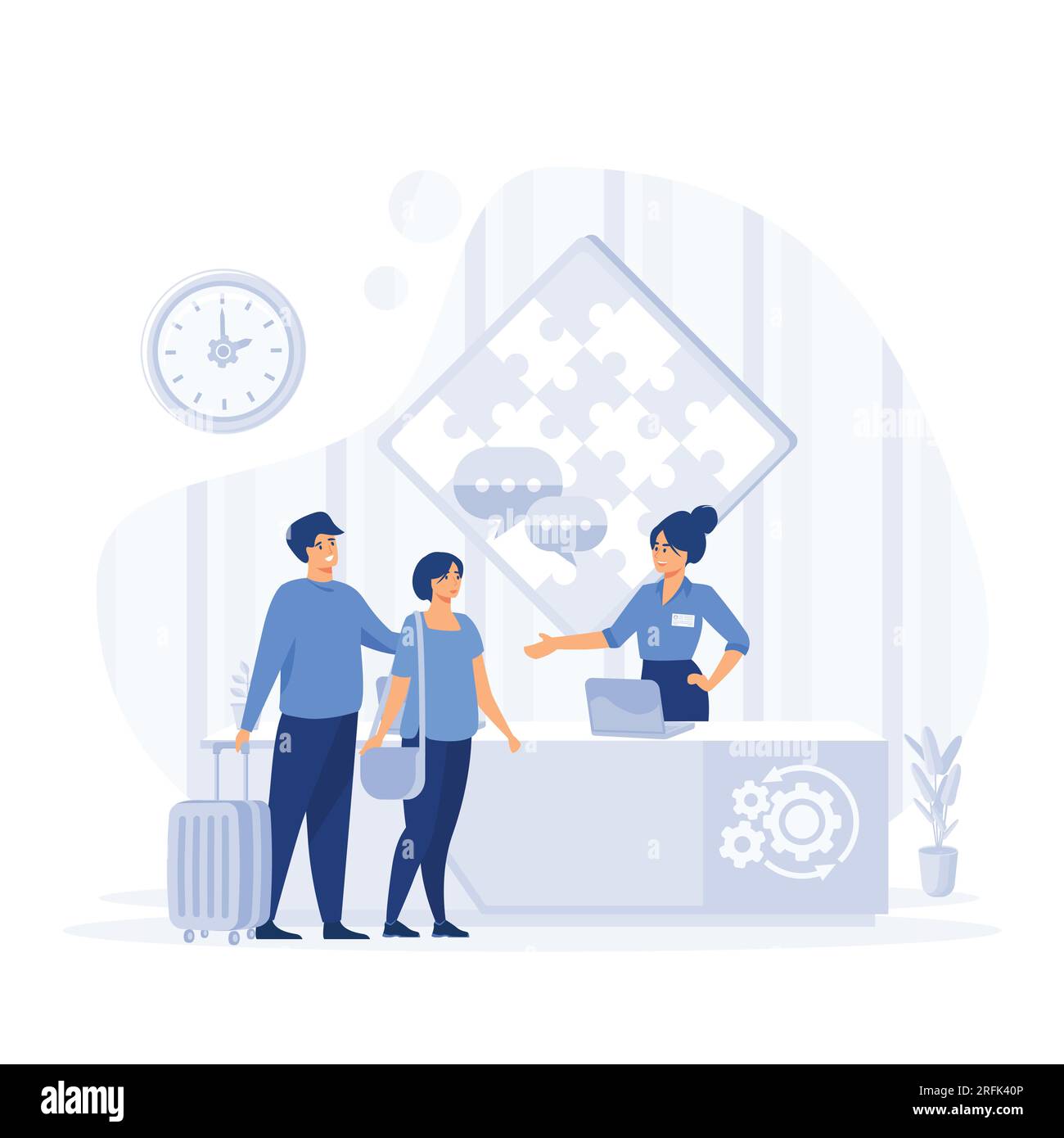 receptionist concept, Male customer standing at reception desk and ...