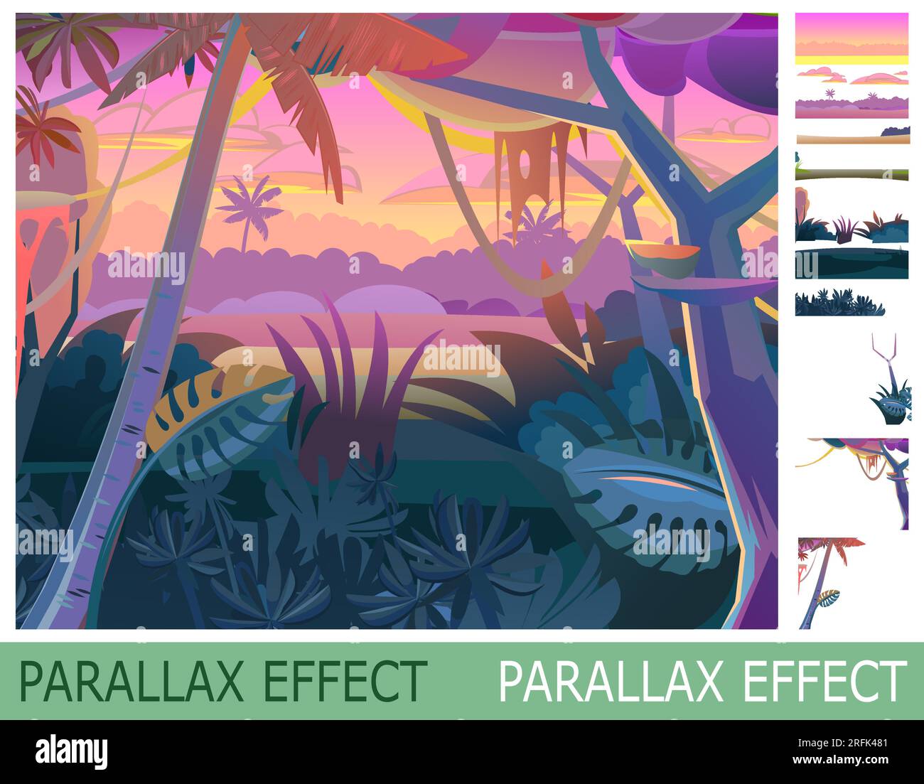 Evening jungle. Landscape with tropical forest and palm trees. set of slides create parallax ...