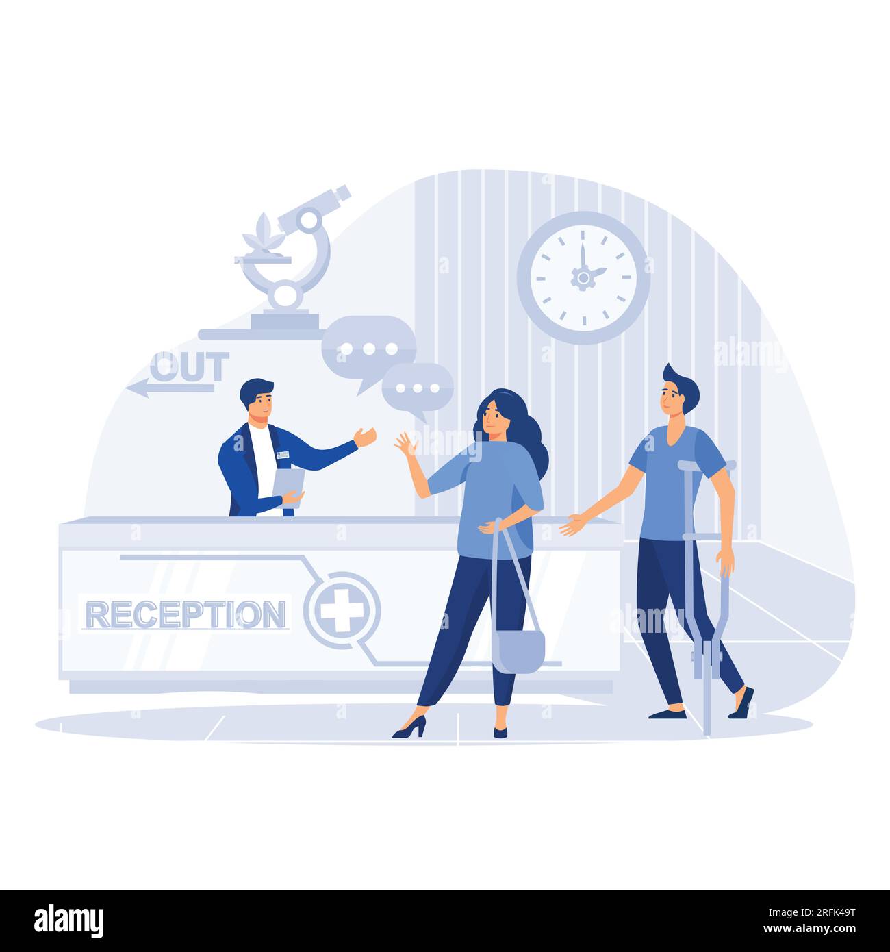 Hospital reception concept, Man and woman asks a question to the ...