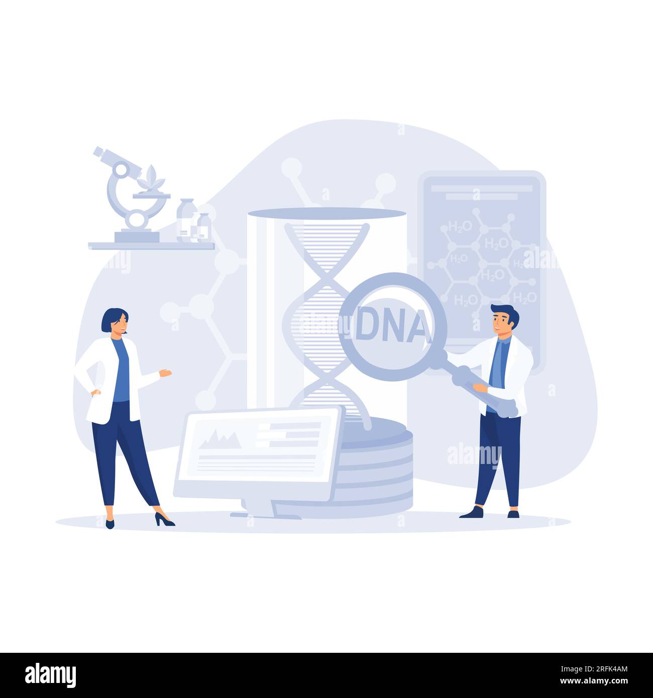 Genetic science. DNA molecule laboratory research, medicine microbiology, flat vector modern ...