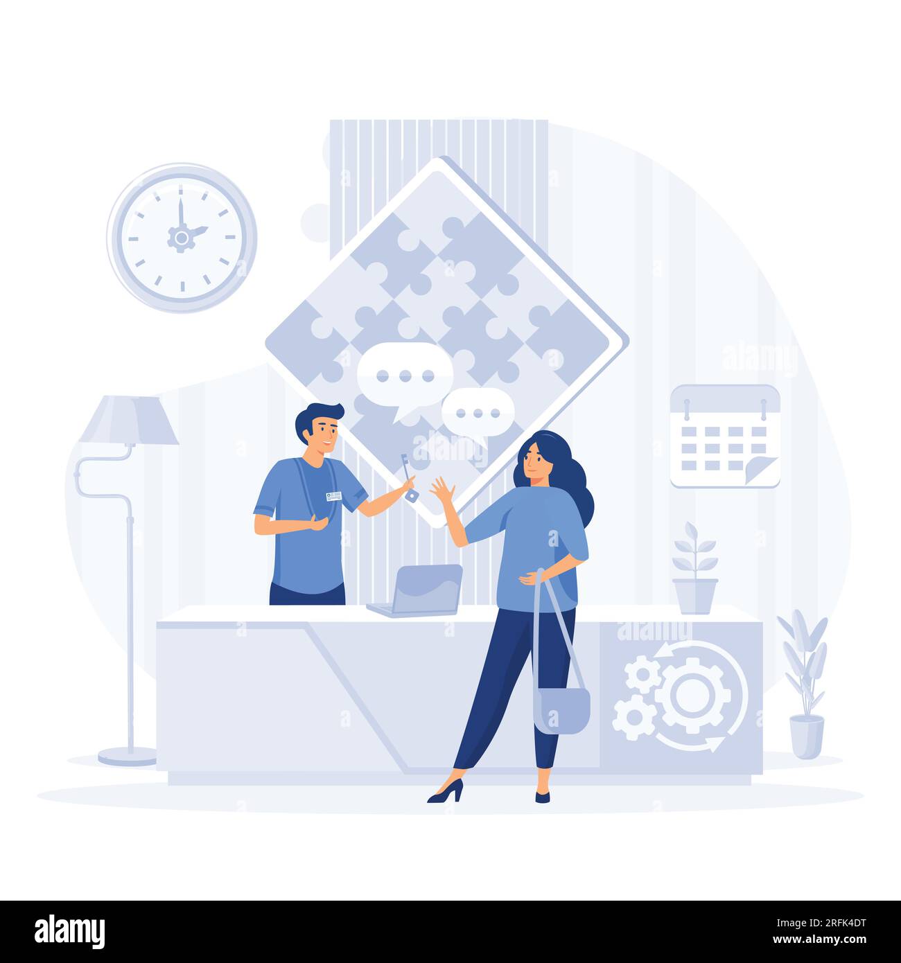 Scene with guests at hotel lobby, travellers standing at reception desk ...