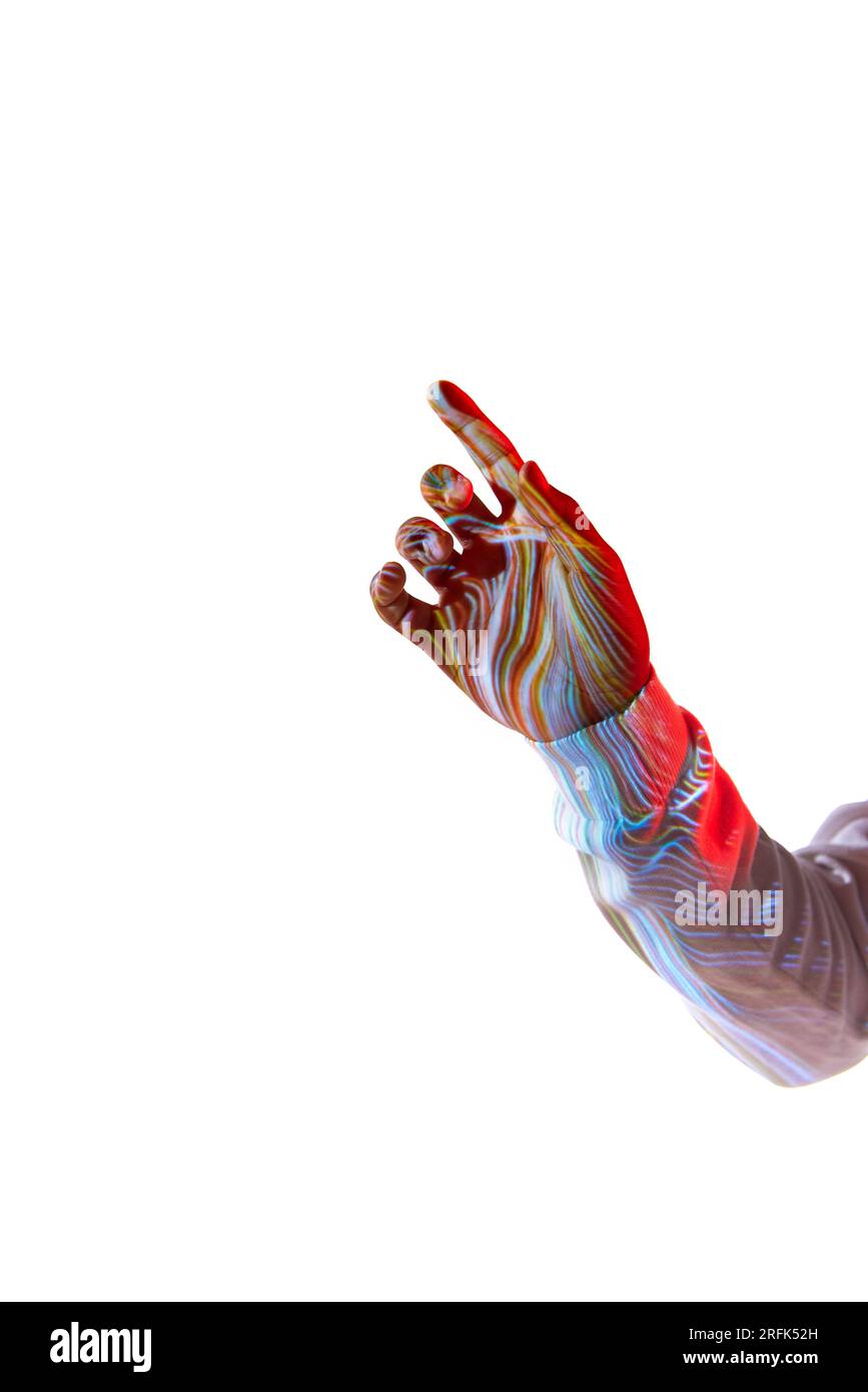 Invisible touch. Male hand with colorful neon stripes reflection ...