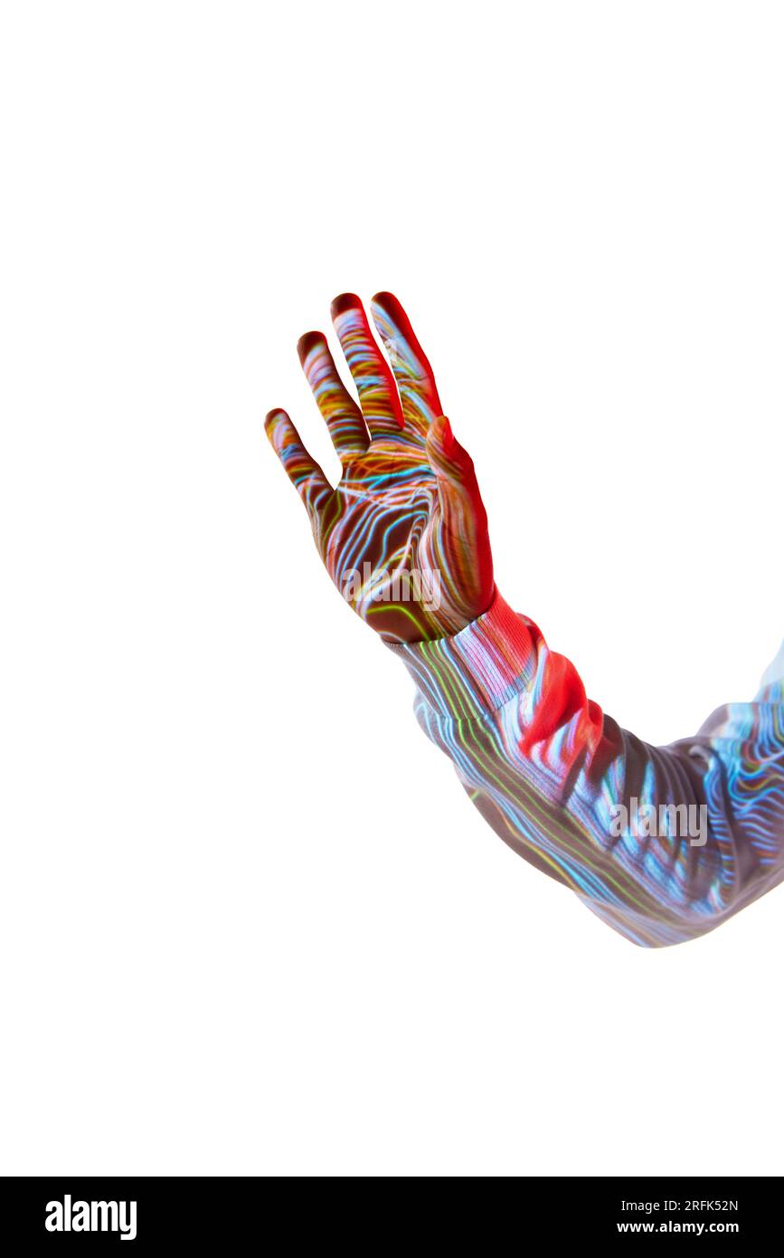 Invisible touch. Male hand with colorful neon stripes reflection ...