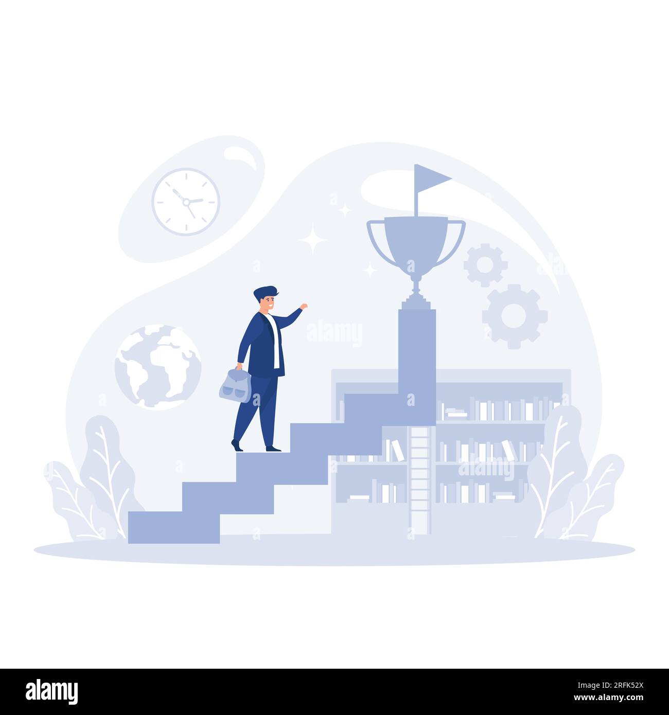 a businessman going up the stairs with a hand holding a trophy, flat ...