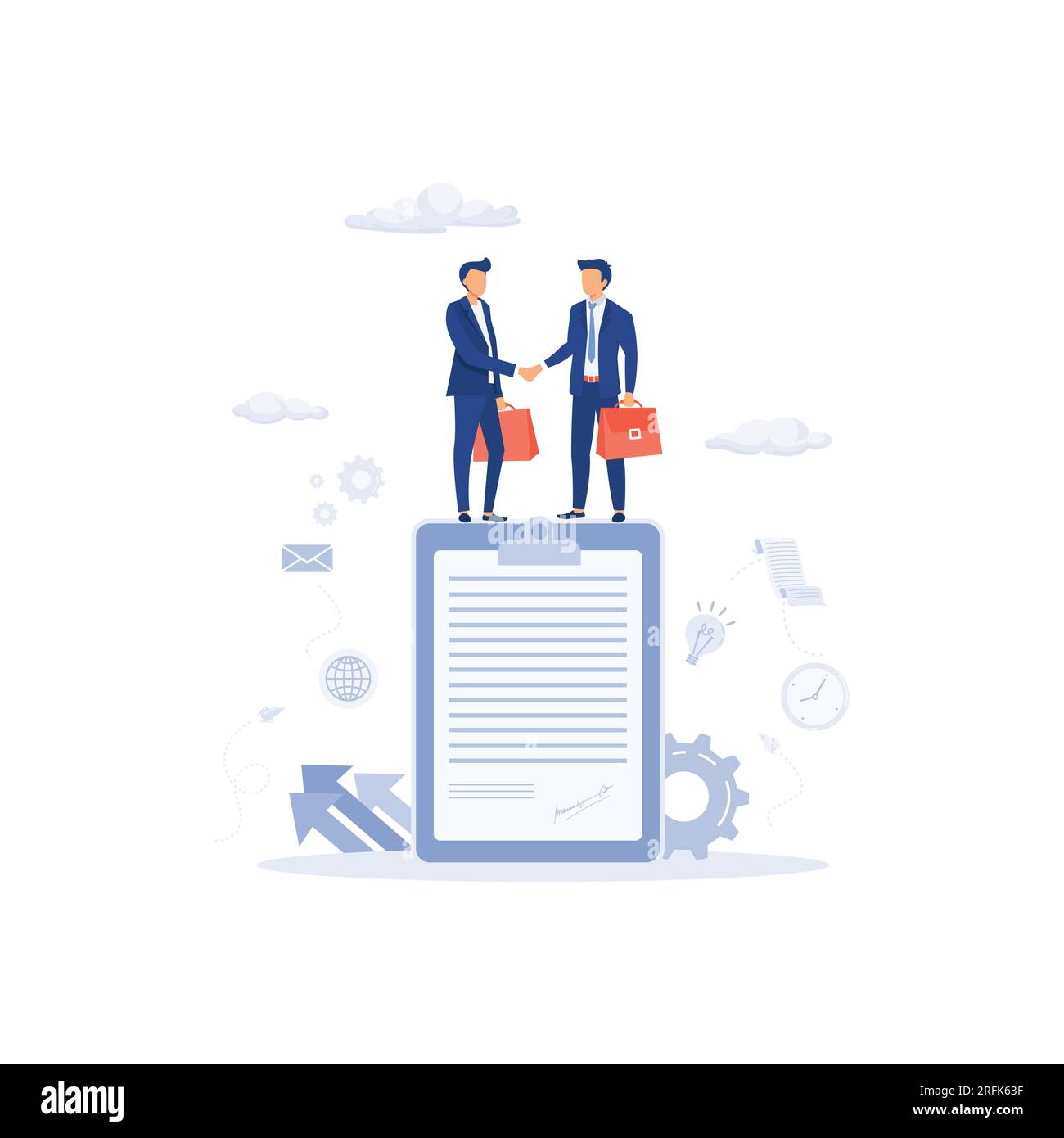Business people standing on a signed contract, flat vector modern ...