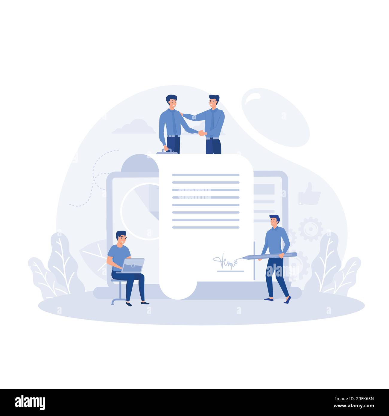 Agreement. Business people standing on a signed contract, flat vector ...