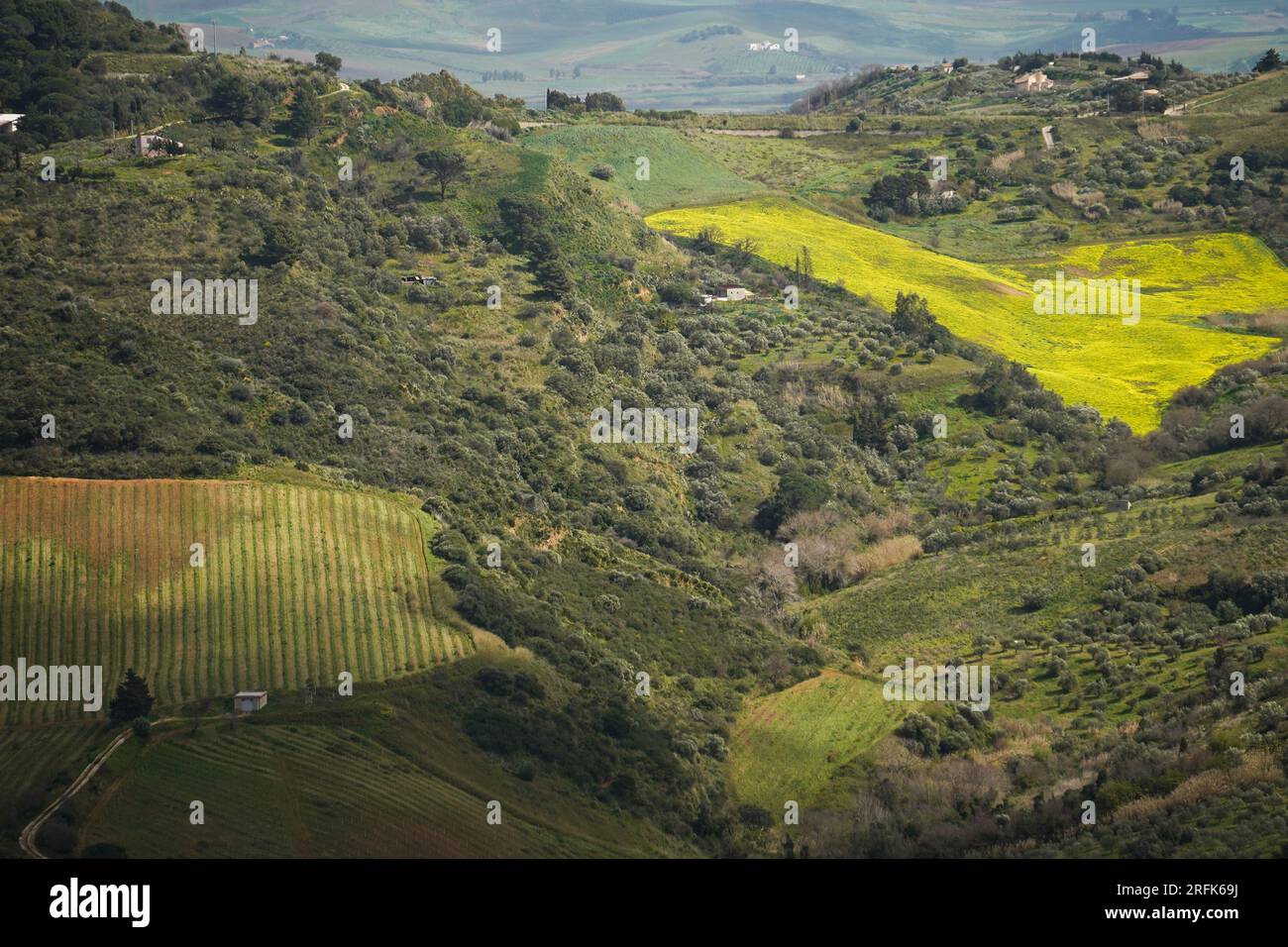 Countryside landscape as seen from the ancient town of Segesta, Sicily ...