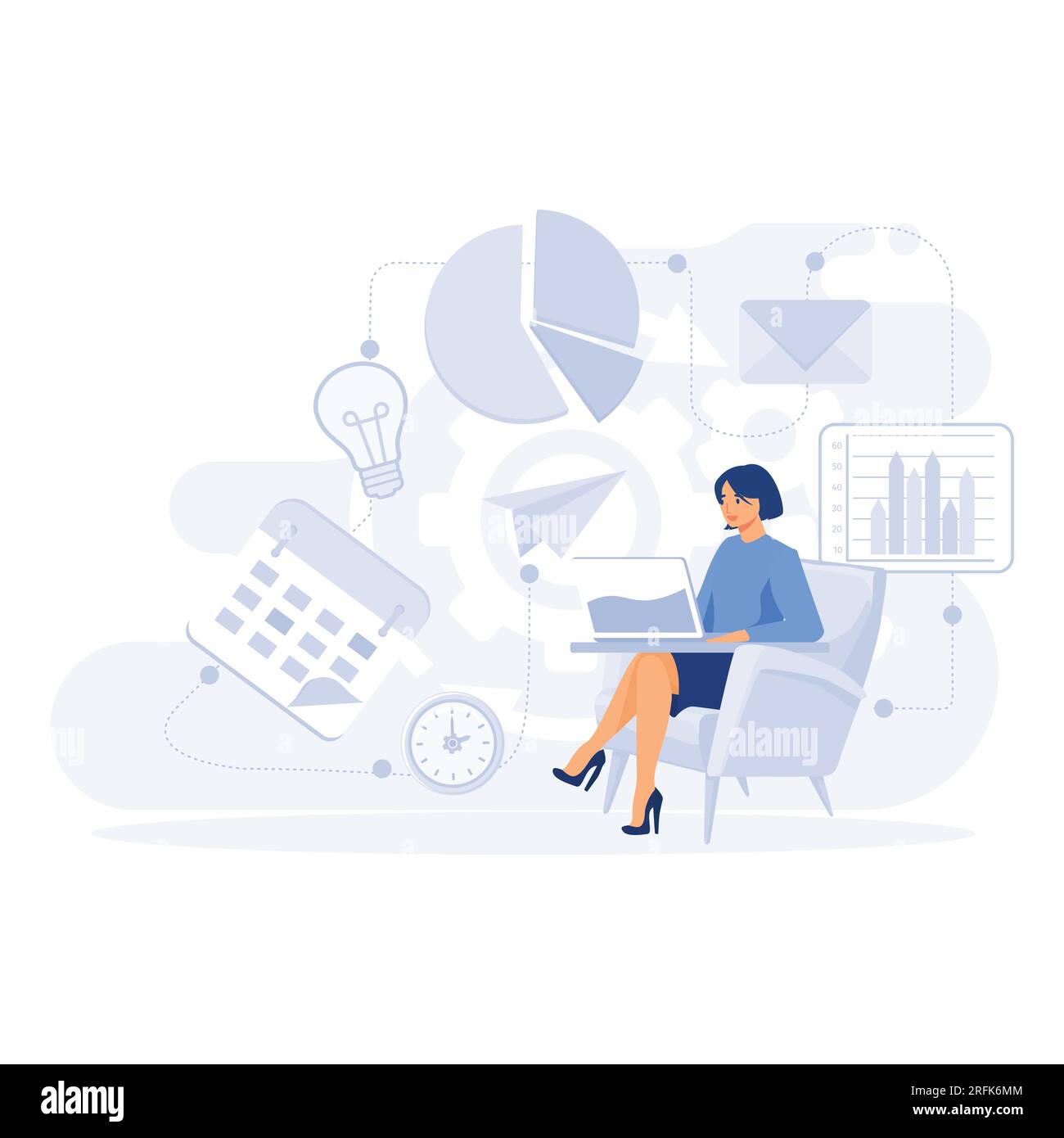 Business intelligence, businesswoman working with performance tools and software solutions, flat ...