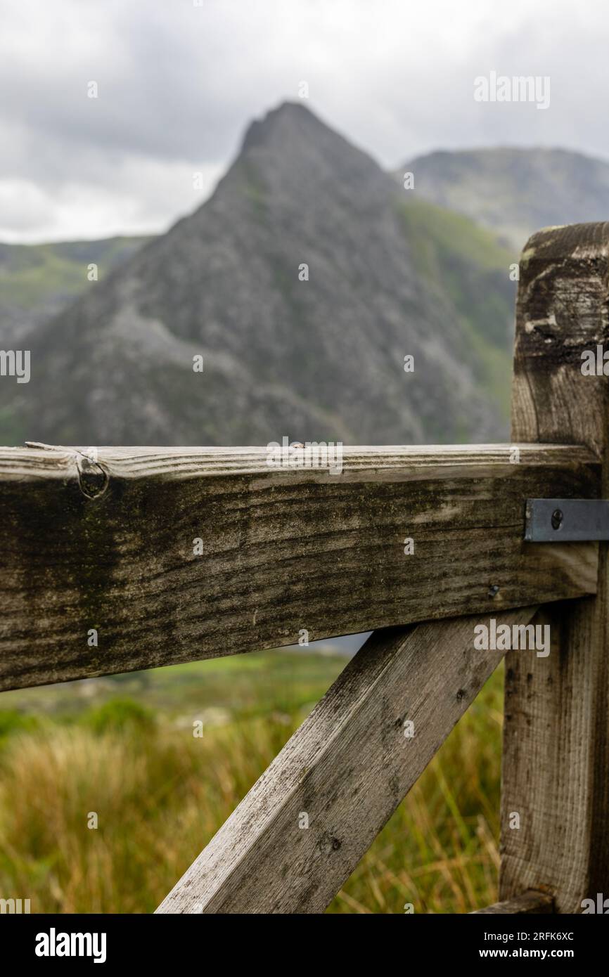 View of pyramid shaped mountain blurred background with gate in ...