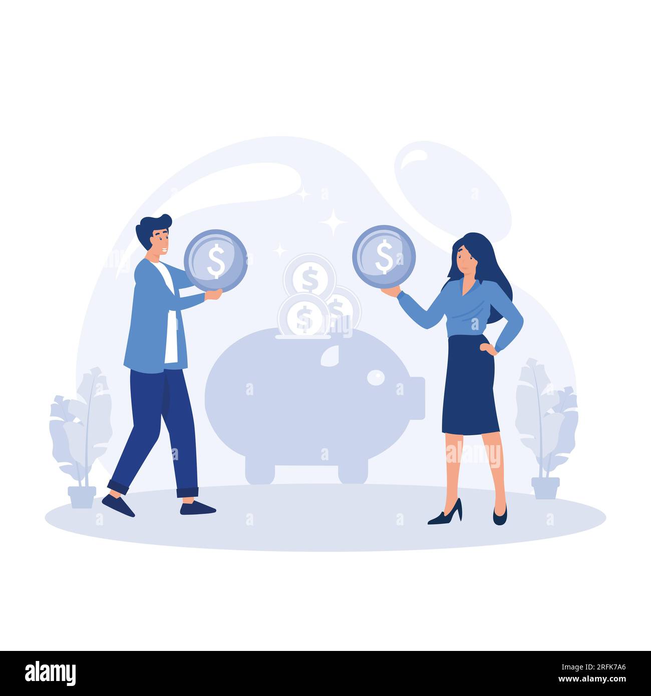 Married Couple Save Coins in Piggy Bank. Family Budget, Home Savings and Investment Money, flat ...