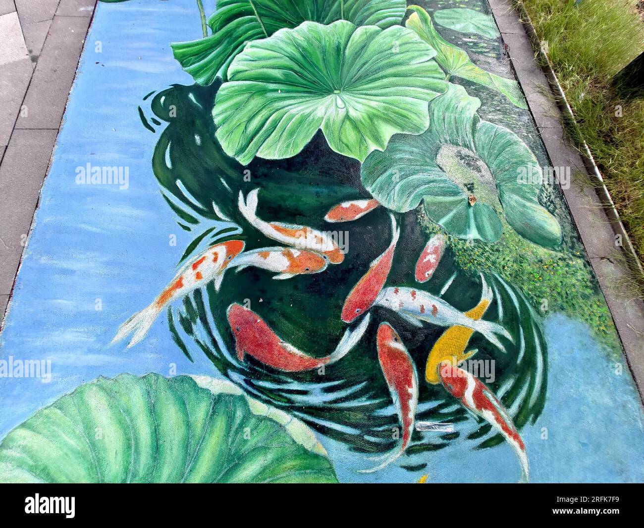 A 3D painting of fish pond in summer appears on a road in Wuhan City ...