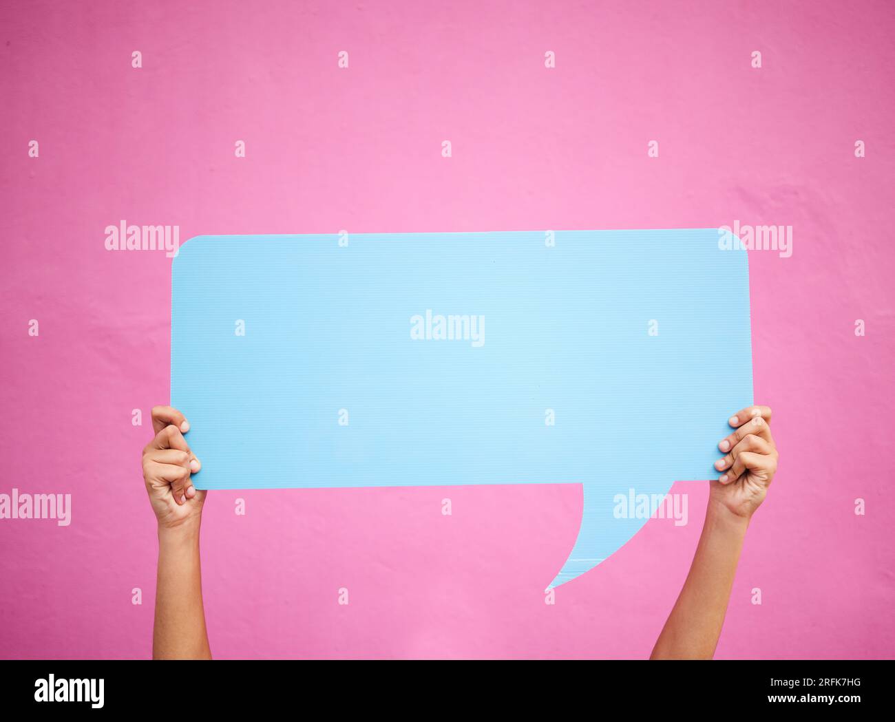 Social media, hands and communication speech bubble mockup or opinion ...