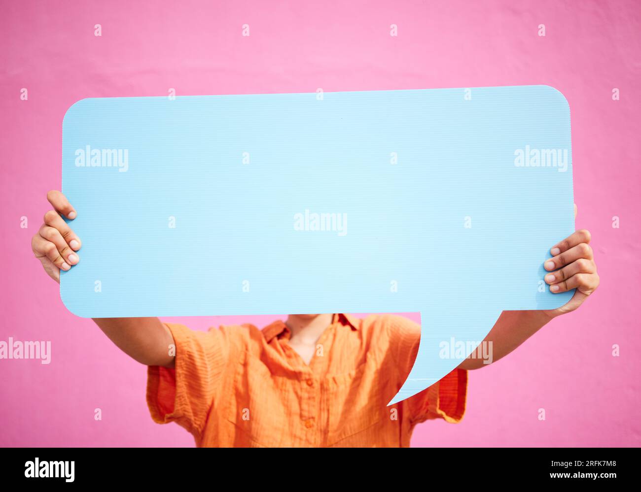 Social media, person and hands with speech bubble mockup or opinion ...