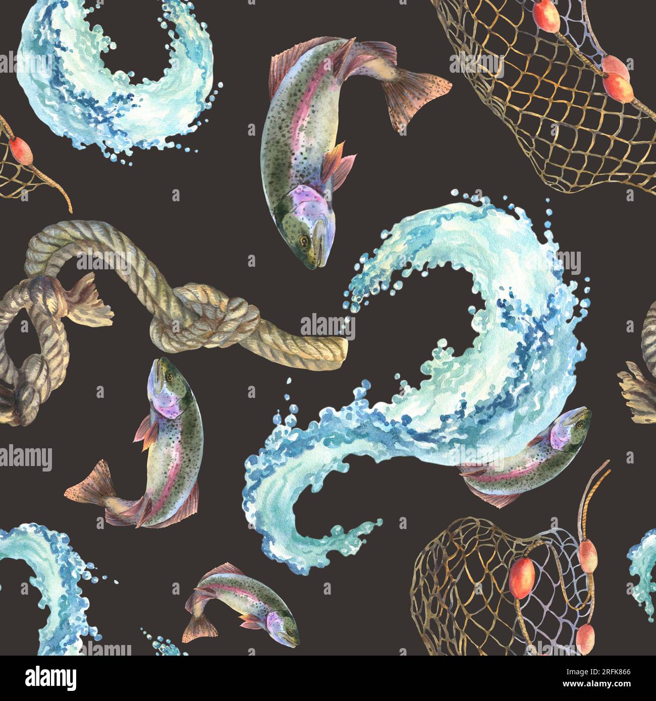 Watercolor fishing seamless pattern. Hand drawn trout, splash wave ...