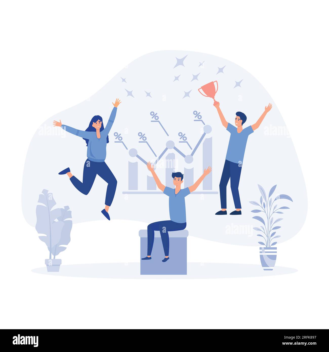 Succes business concept, Employee jumps in the air with trophy cup ...