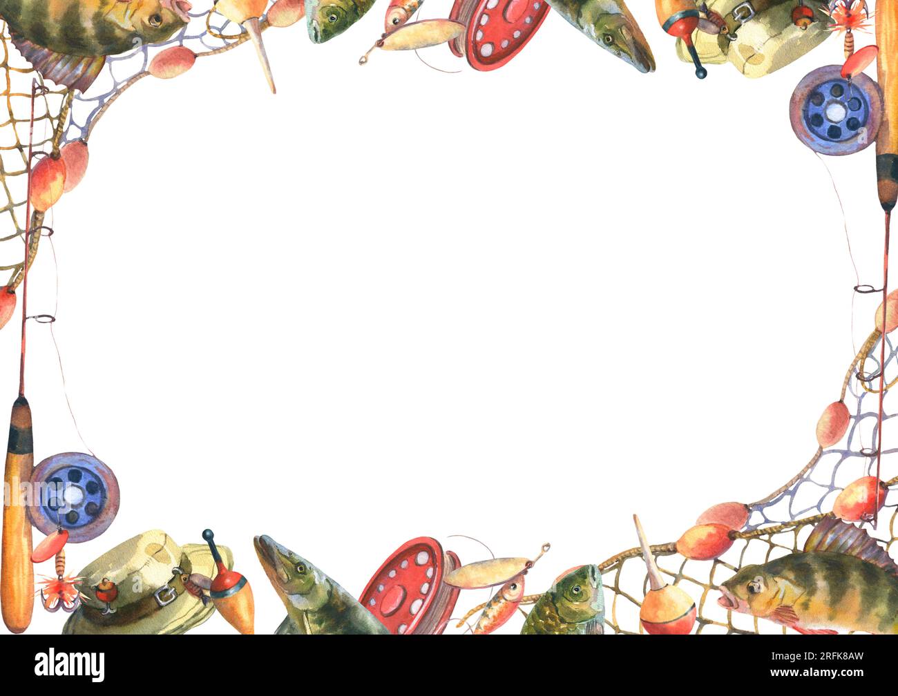 Watercolor illustration, frame with empty place for text, fishes ...