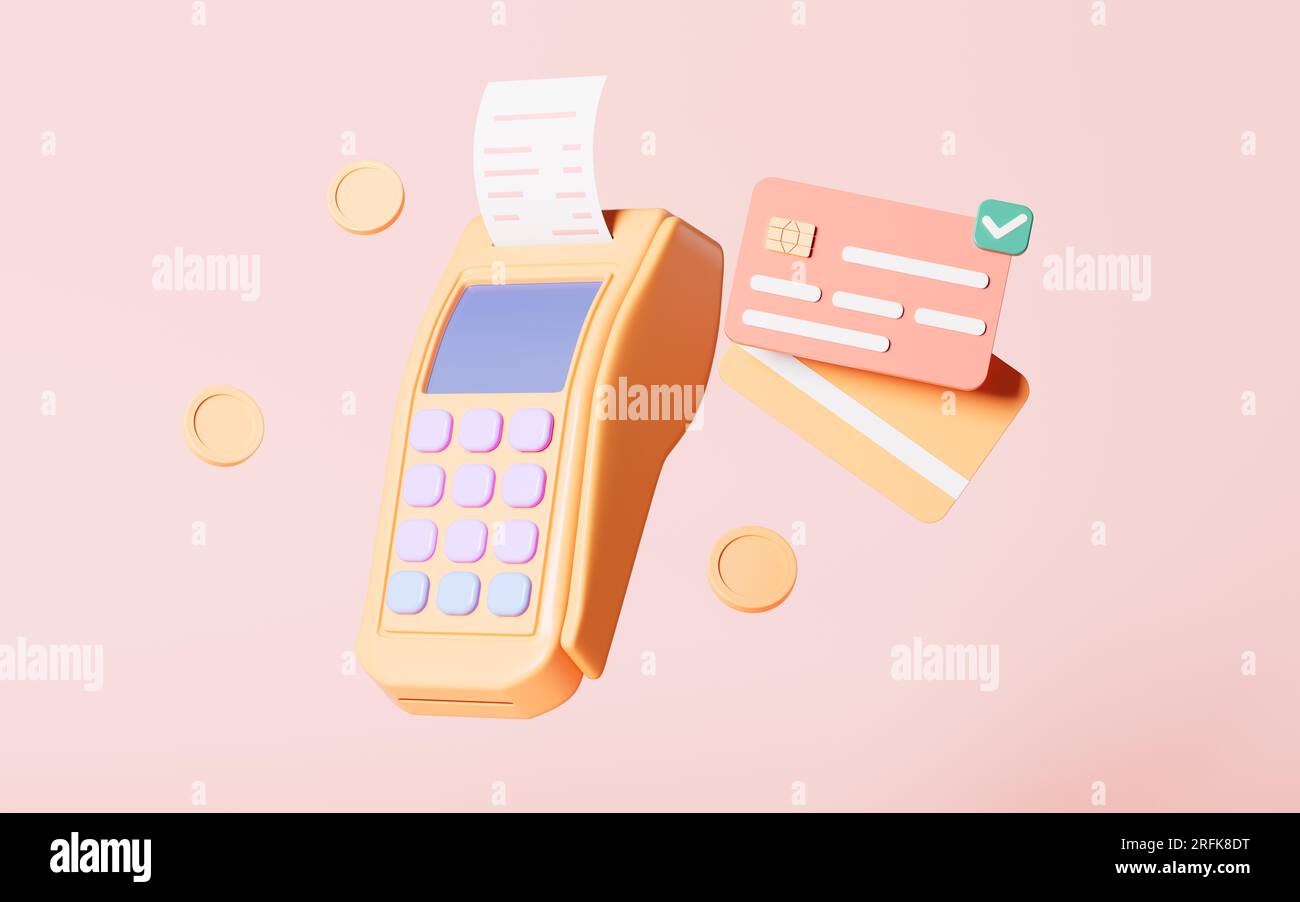 Cartoon pos machine and bank card, 3d rendering. Digital drawing Stock ...